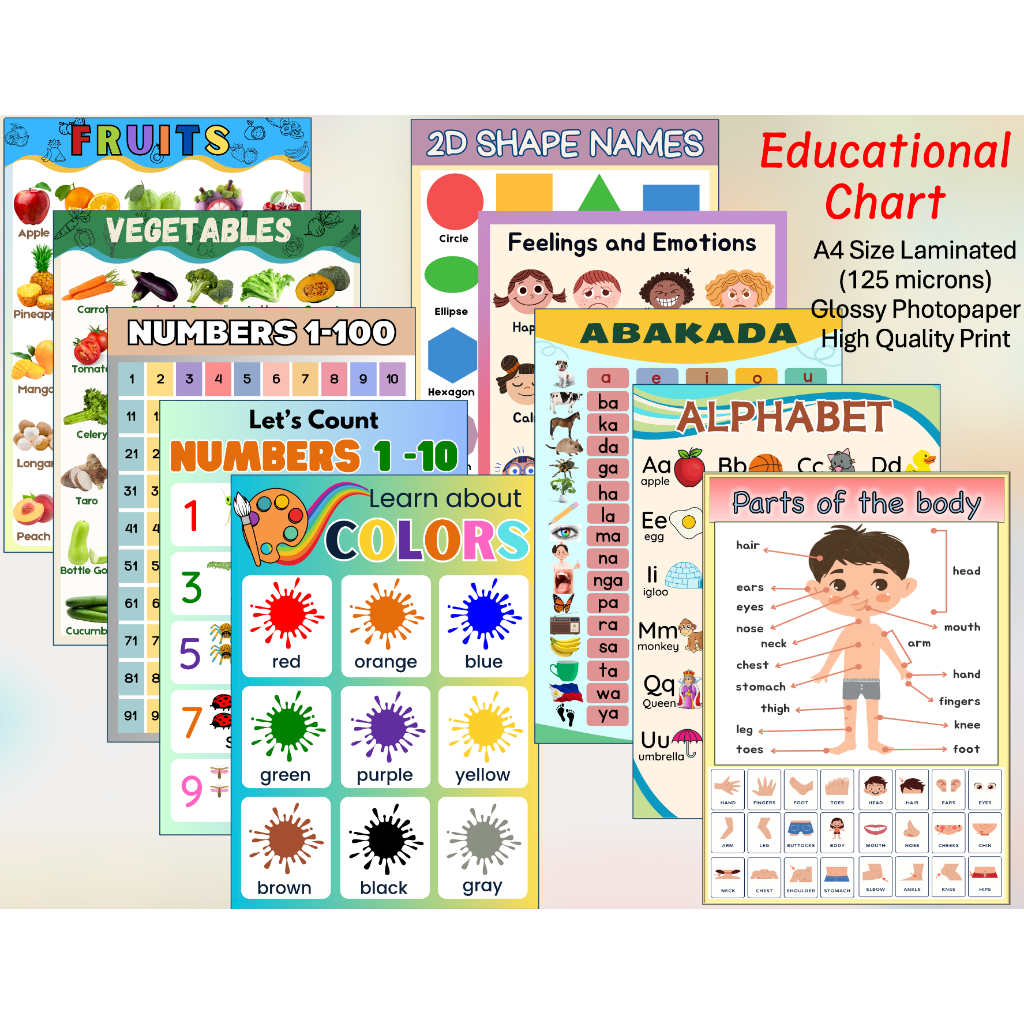 Educational Learning Materials Chart for Kids A4 Size Laminated 10pcs ...