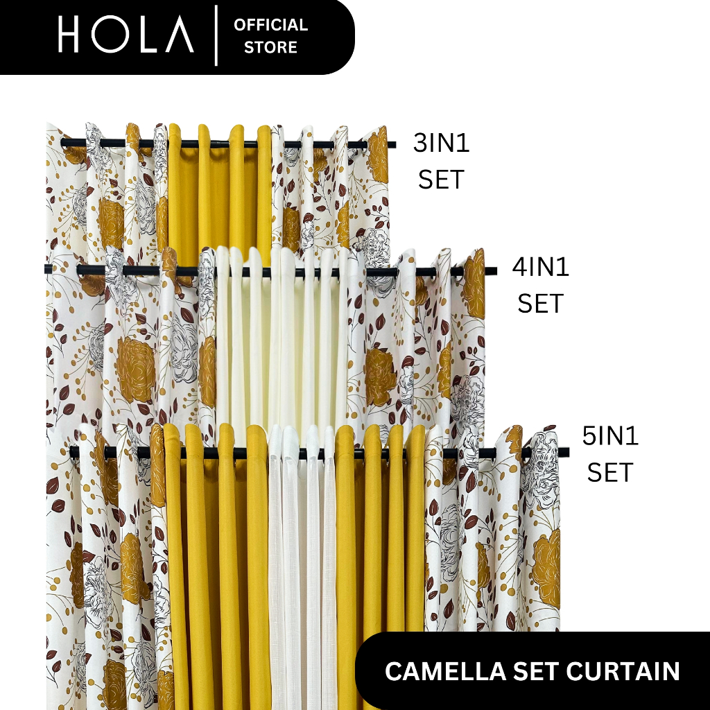 HOLA Non Blackout Printed Ring Curtains | 3in1 4in1 5in1 SET | Gold Design | Shopee Philippines