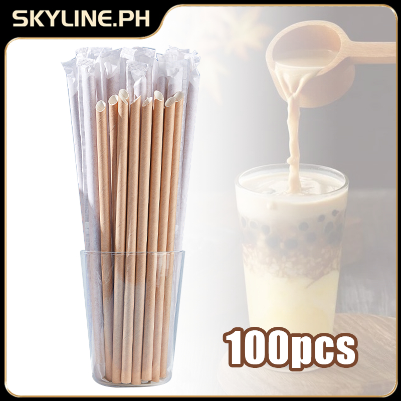 100pcs Sugarcane Straw Disposable Kraft Paper Straw Biodegradable Straw ...