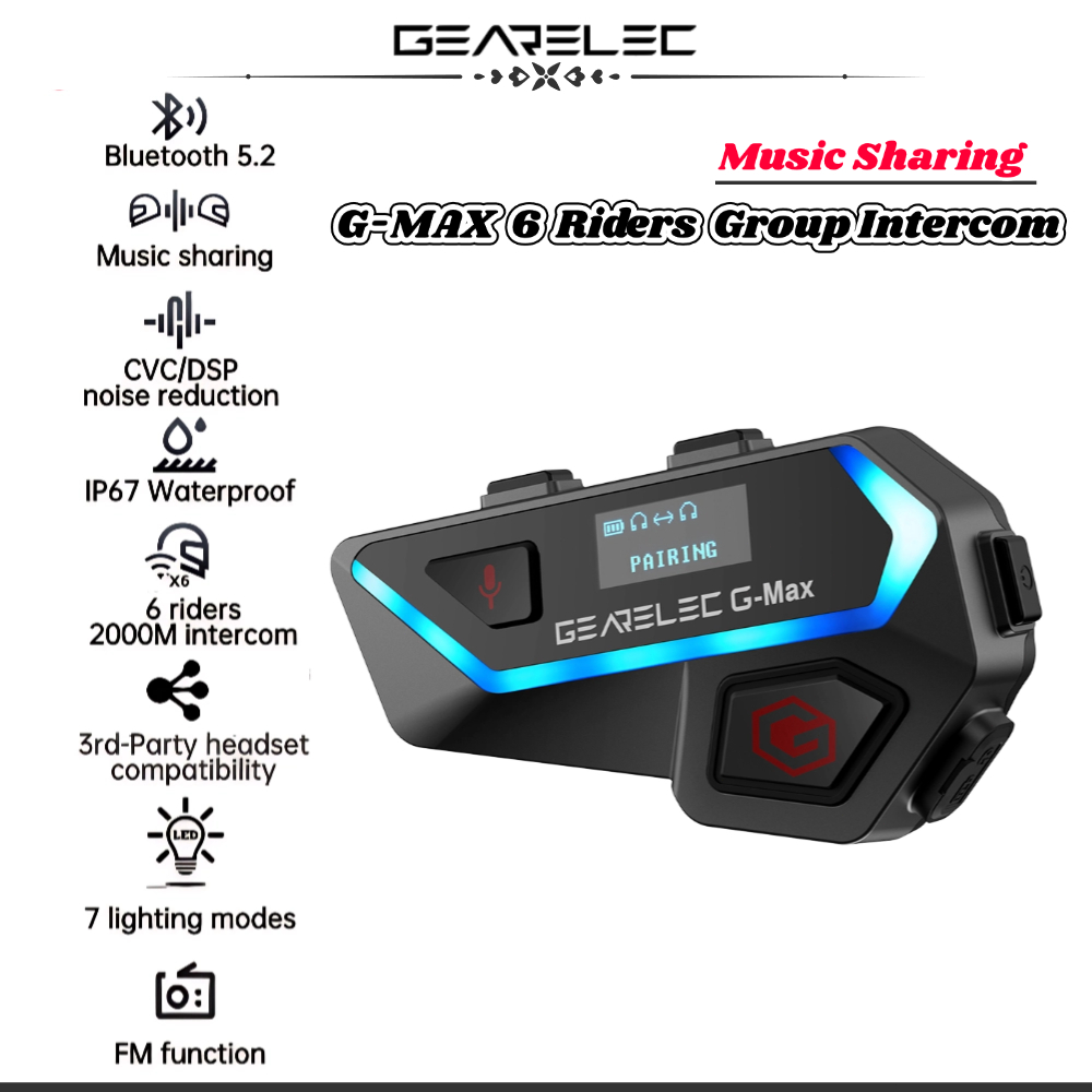 GEARELEC G-Max Helmet Headset 6 Rider Group Intercom 2000m Range With ...