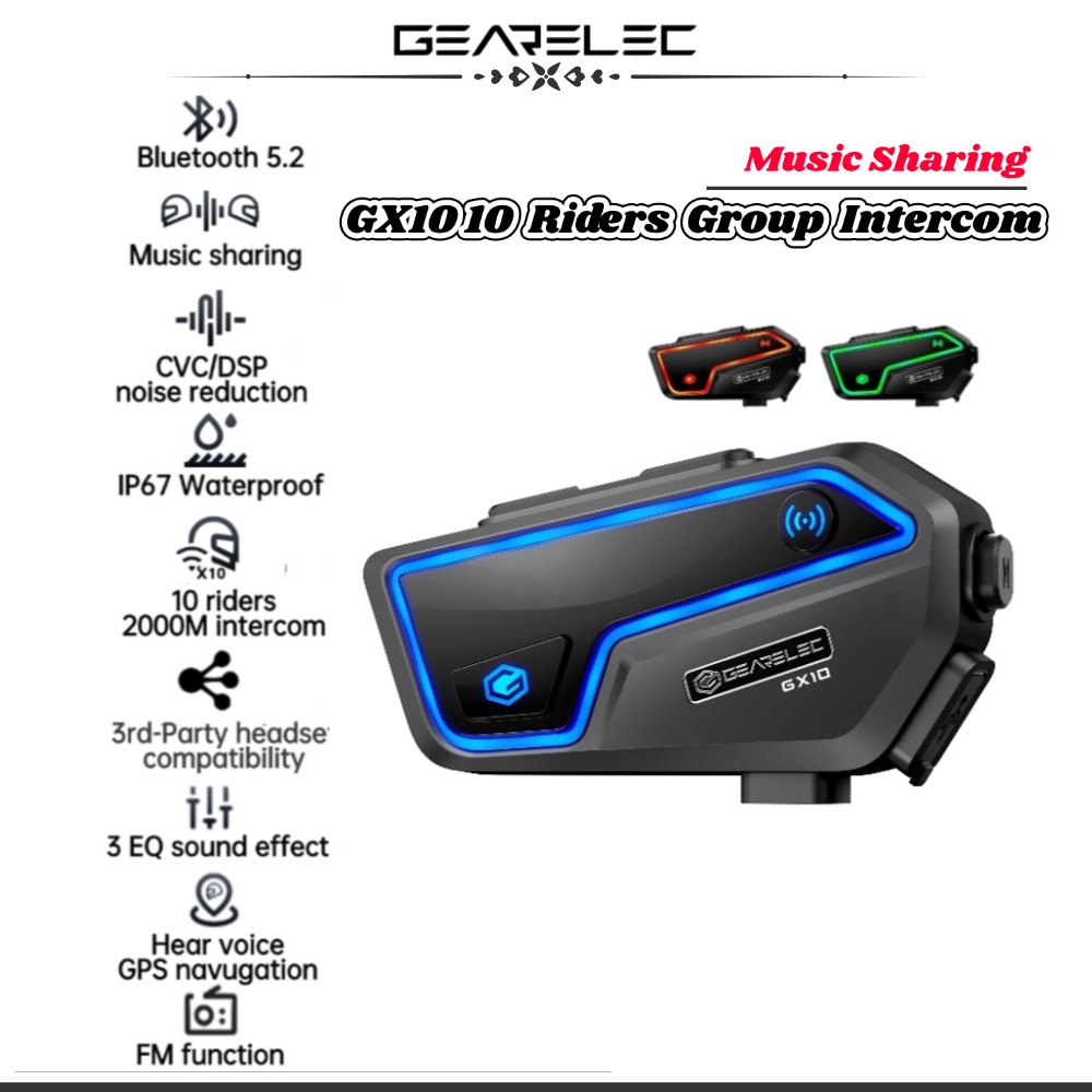 Gearelec Gx10 Helmet Headset Up To 10 Rider Group Intercom 2000m Range