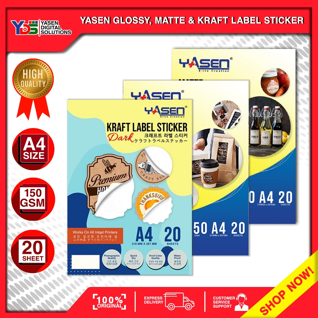 Yasen Sticker Paper A4 Label Sticker Matte, Glossy & Kraft (150GSM ...
