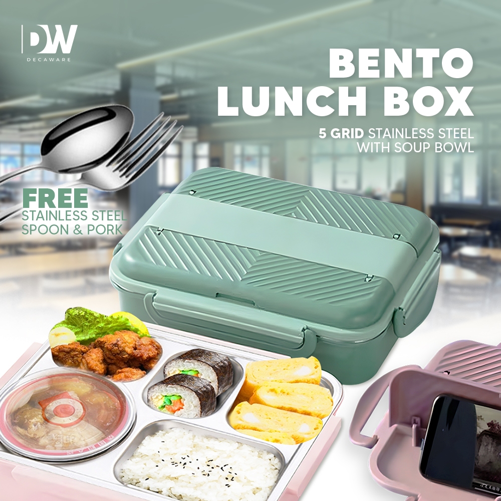5-Grid Stainless Steel Lunch Box with Utensils & Soup Bowl Insulated ...