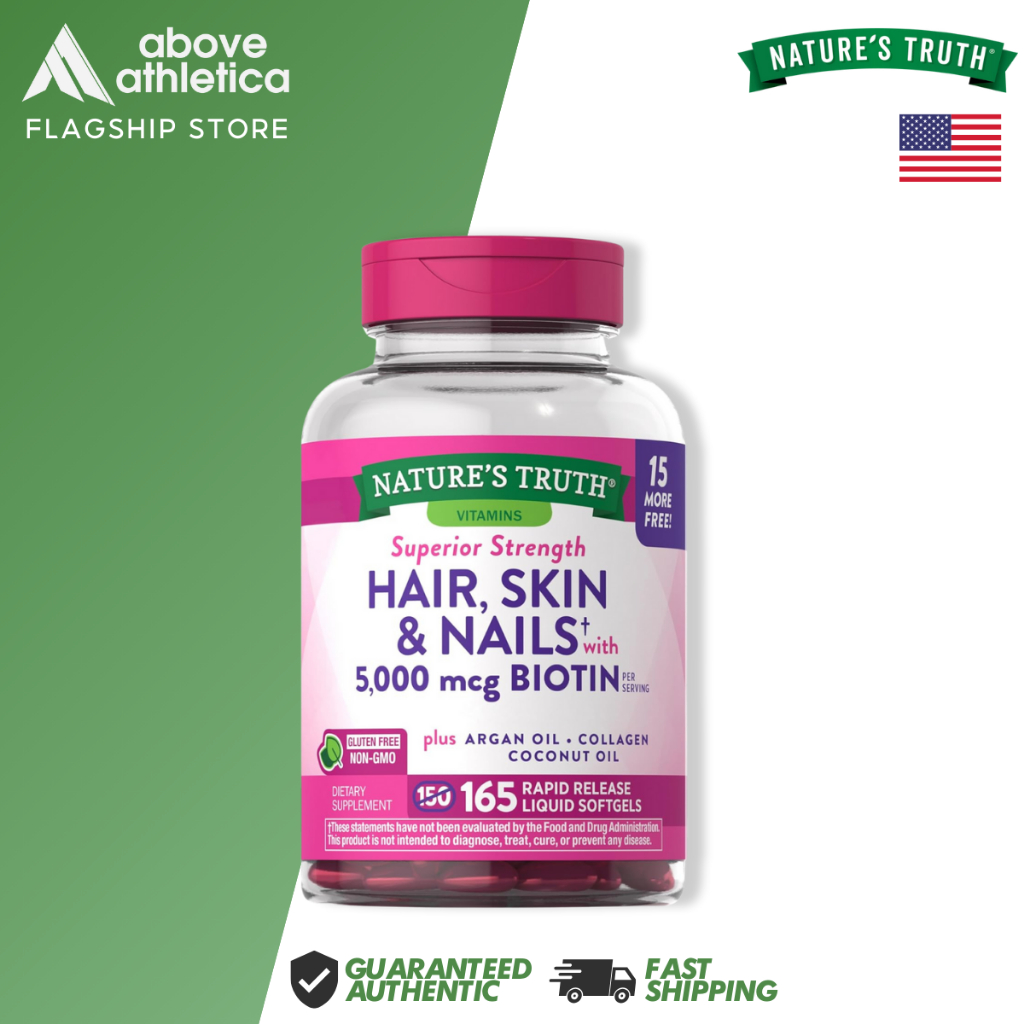 Nature's Truth Hair, Skin & Nails Vitamins 5000mcg with Biotin - 165 Softgels, argan oil ...
