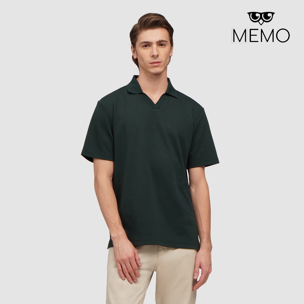 Memo Textured Open Collar Polo For Men (Dark Green) | Shopee Philippines