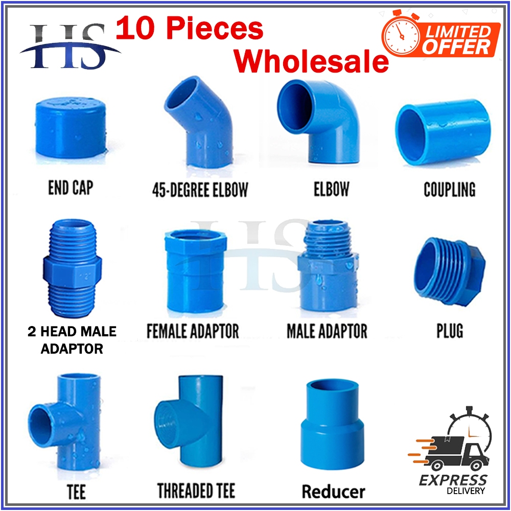 10PCS PVC Blue Pipe Fittings Tee, Cap, Plug, Male & Female Adapter ...