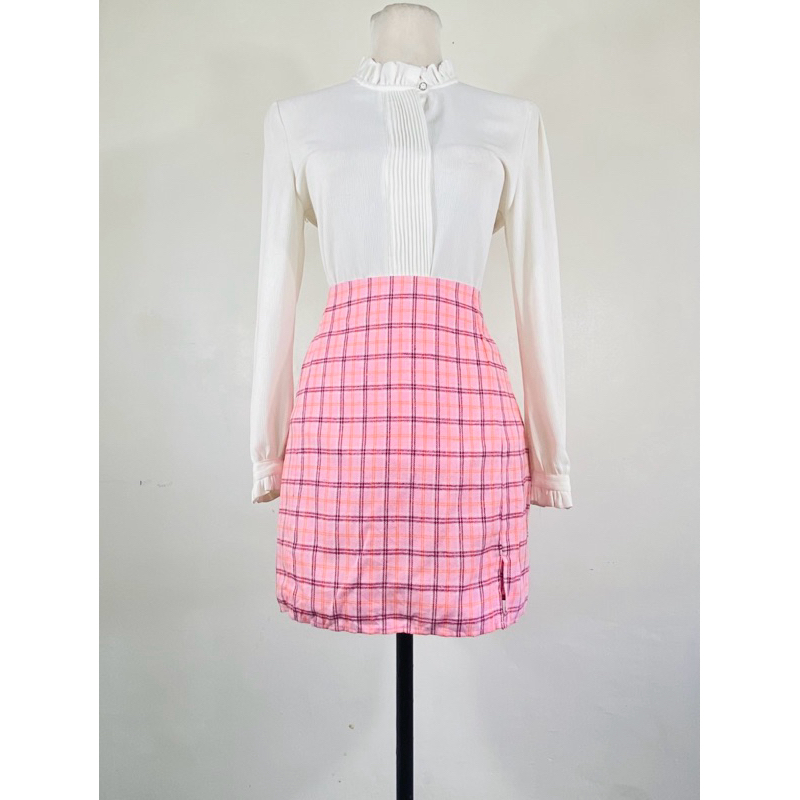 Koreancloset Women’s Pink plaid Highwaist Split hem Mini skirt Waist 29 ...
