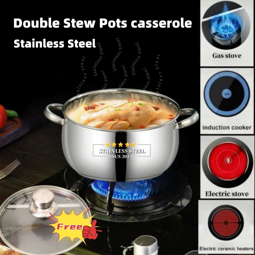 Stew Pots Stainless Steel casserole Double handle & bottom arc pot ...