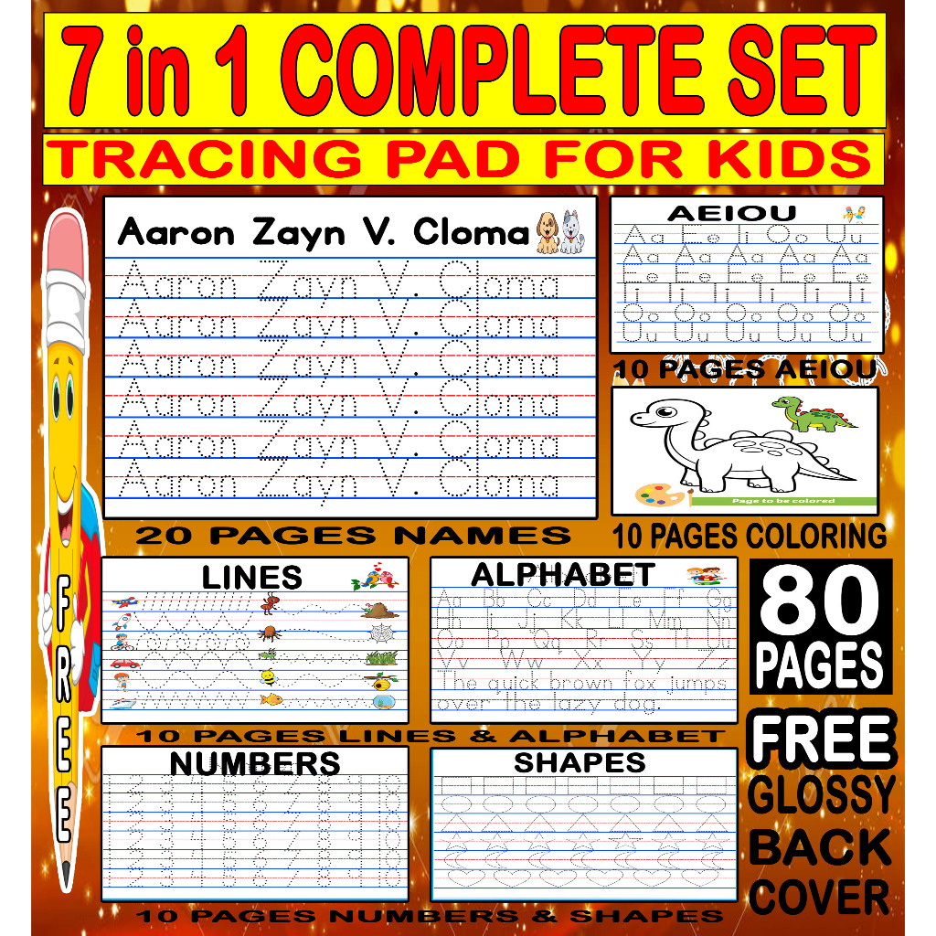 7 IN 1 PERSONALIZED TRACING PAD TOTAL OF 80 PAGES ALPHABET NUMBER LINE ...