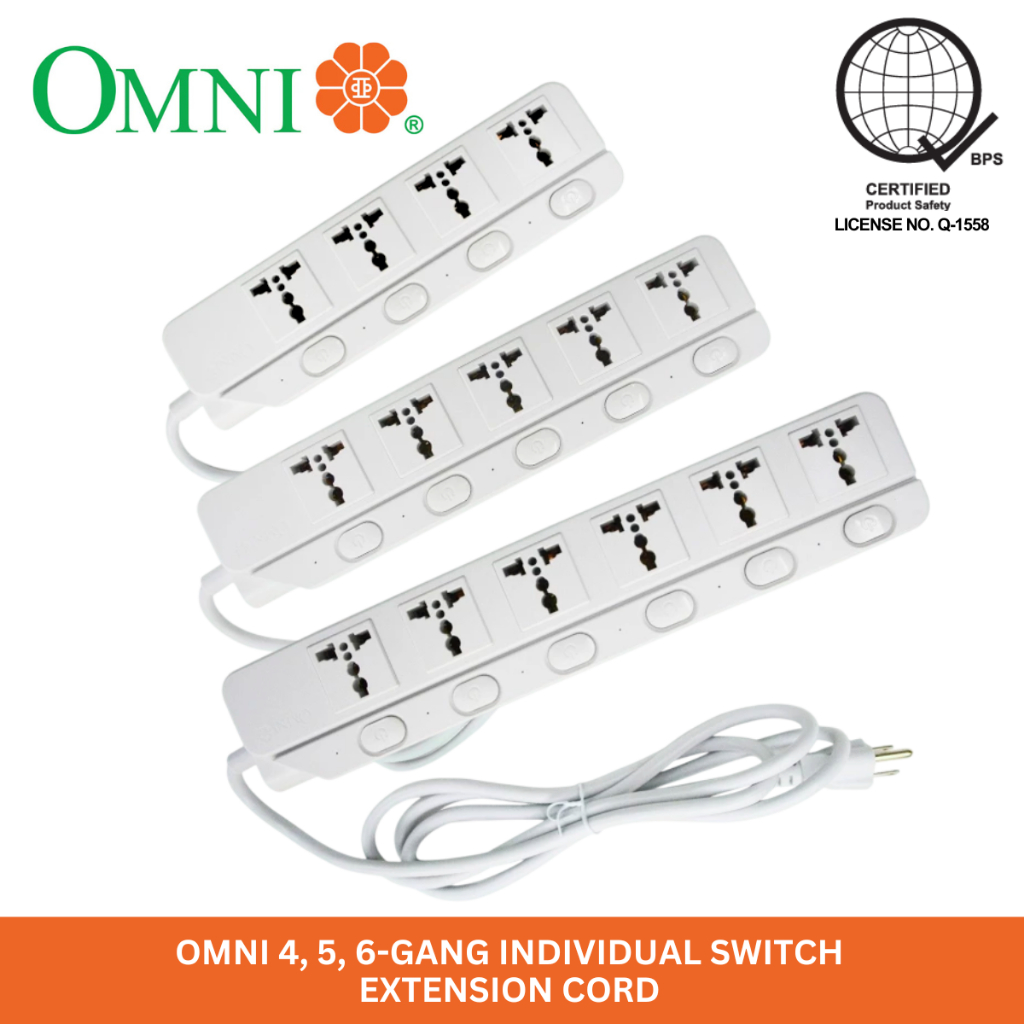 Omni Extension Cord Heavy Duty with Individual Switch Universal Outlets 4, 5, 6 Gang 1.83m Cord ...