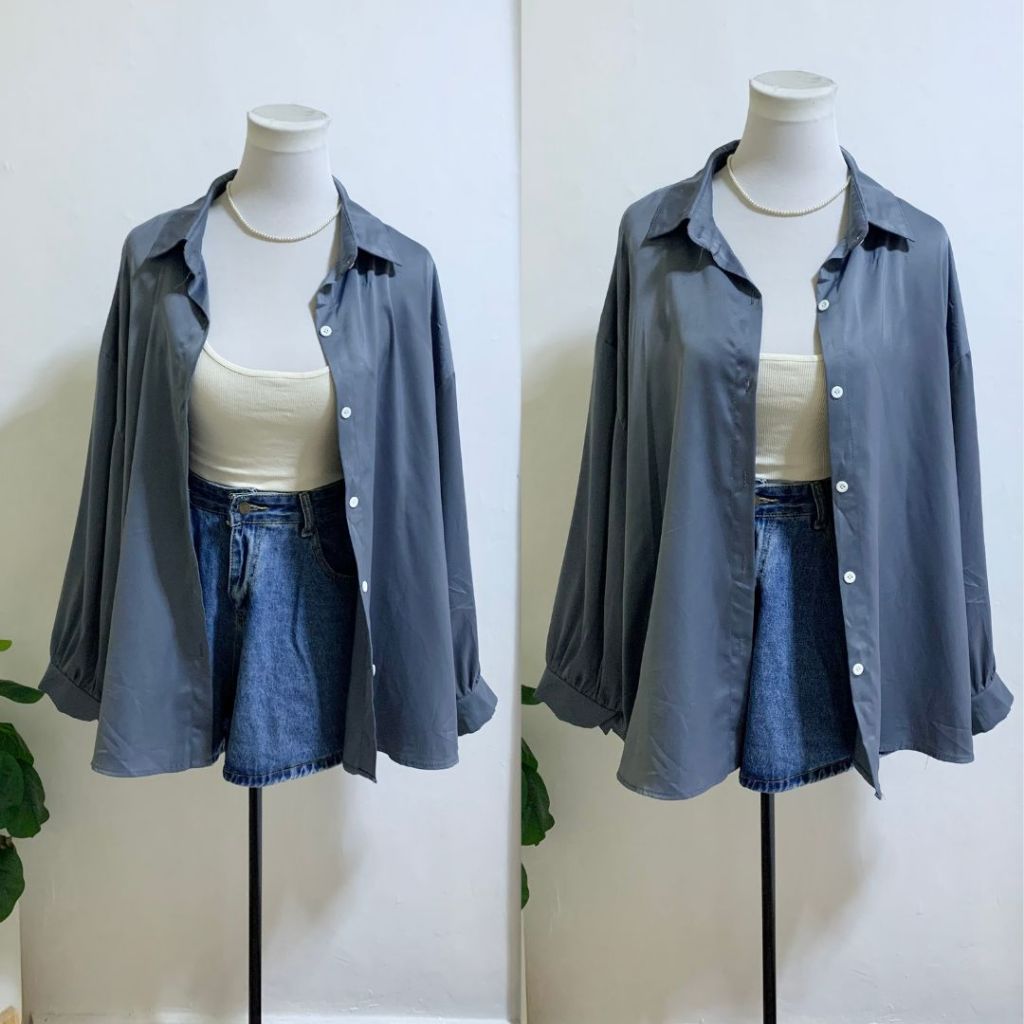 DUSTY BLUE FUTURE DUSK OVERSIZED SILK POLO LONG SLEEVES (PRELOVED/UKAY ...