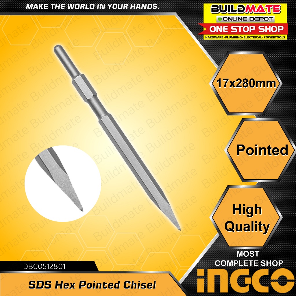 BUILDMATE Ingco SDS Hex Chisel Pointed 17x280mm Concrete Breaker Rock Chisels Point DBC0512801 ...