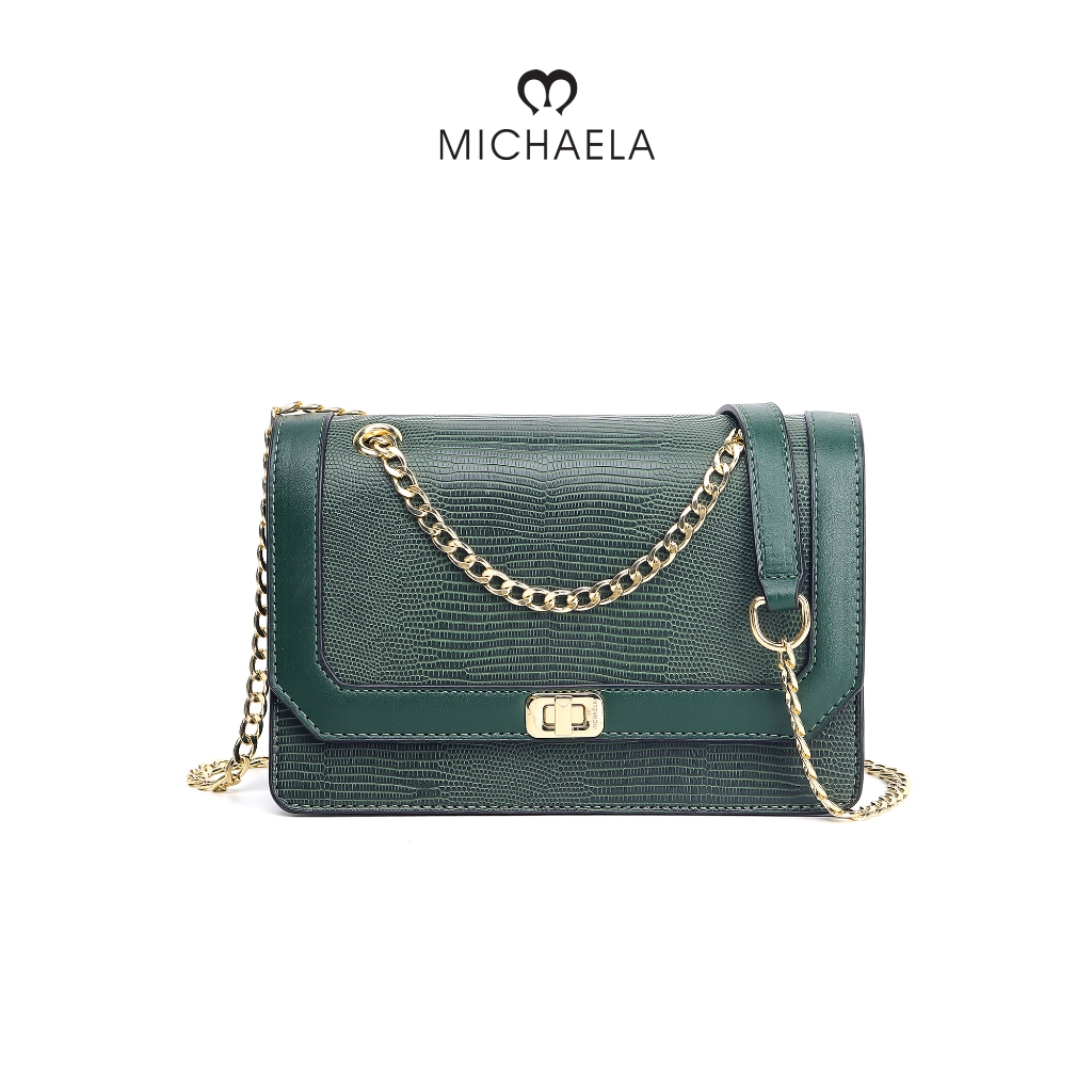 MICHAELA Lizard Chain Sling Bag with Twist Lock Slide Crossbody Strap ...