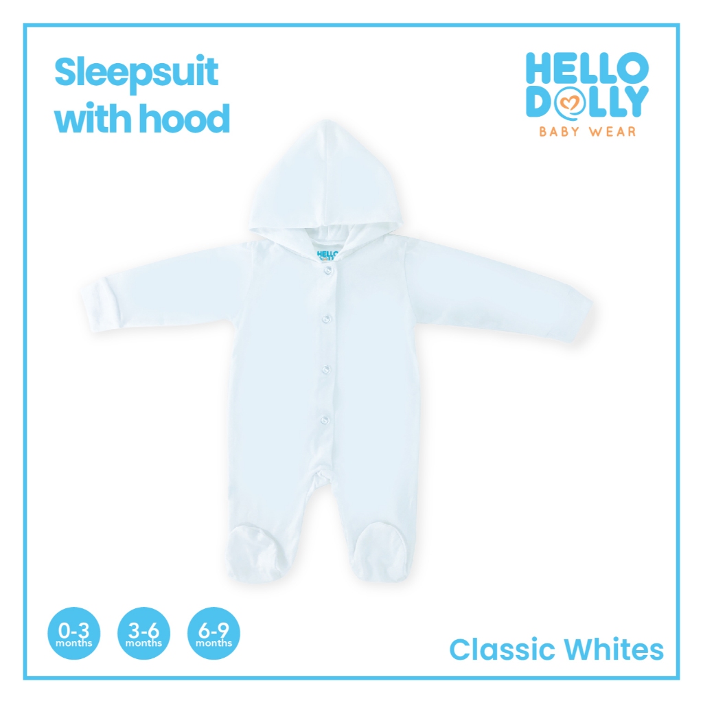 Hello Dolly Baby Wear Classic White 1 pc Sleepsuit w/Hood 100% Cotton ...