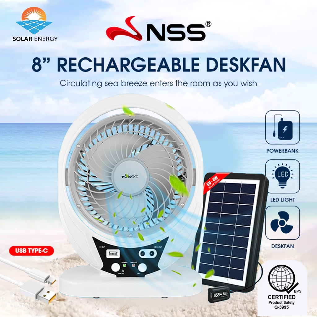 Nss Solar Electric Fan 6/8 Inch Portable Rechargeable Solar Deskfan ...