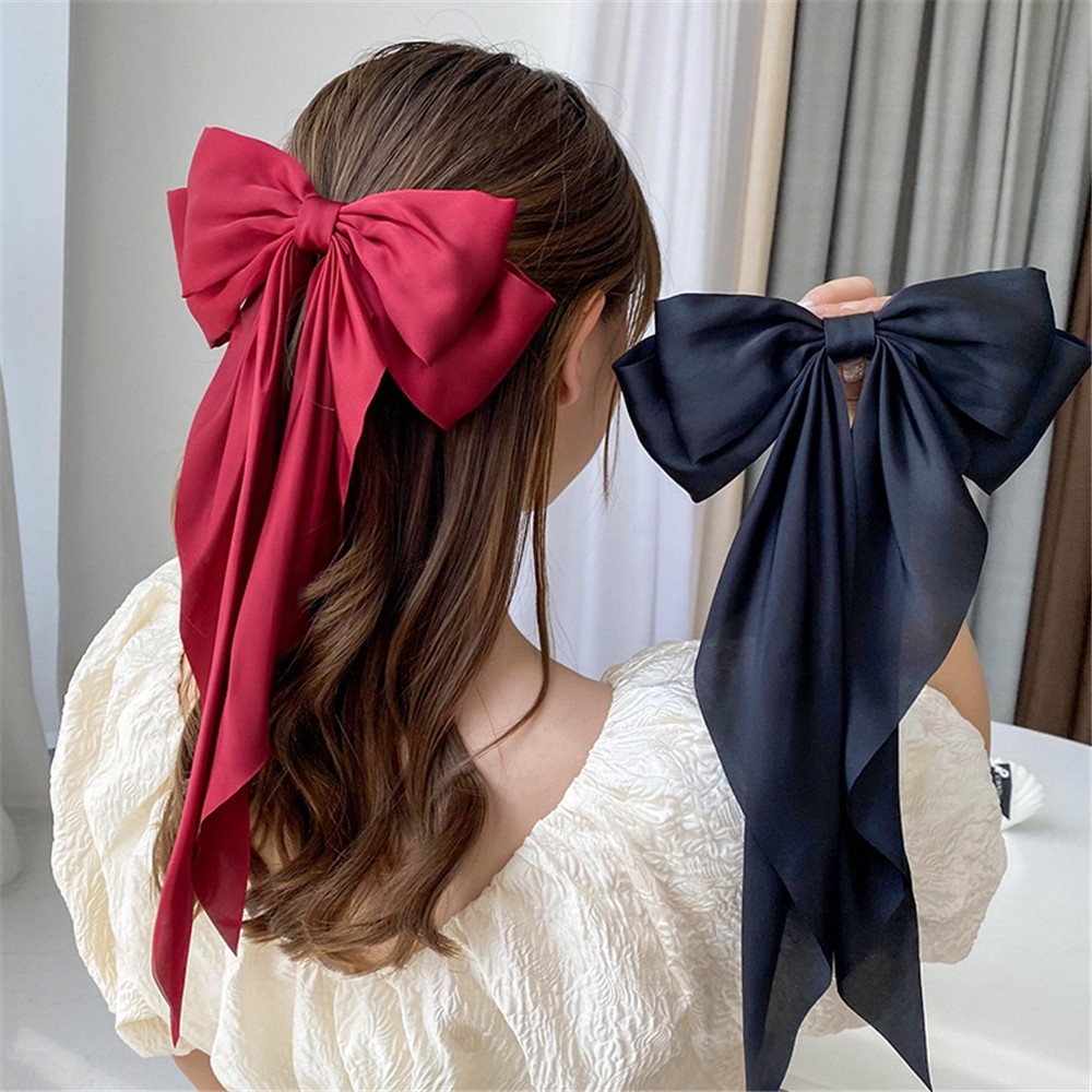 YUNK Korea Big Bow Floral Long Ribbon Hairpin Headband Back Women Hair ...