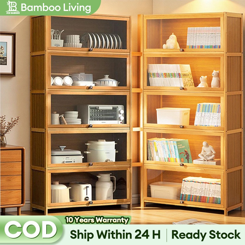 【On Hand】Bamboo Display Cabinet For Kitchen Acrylic Wood Bookshelf ...