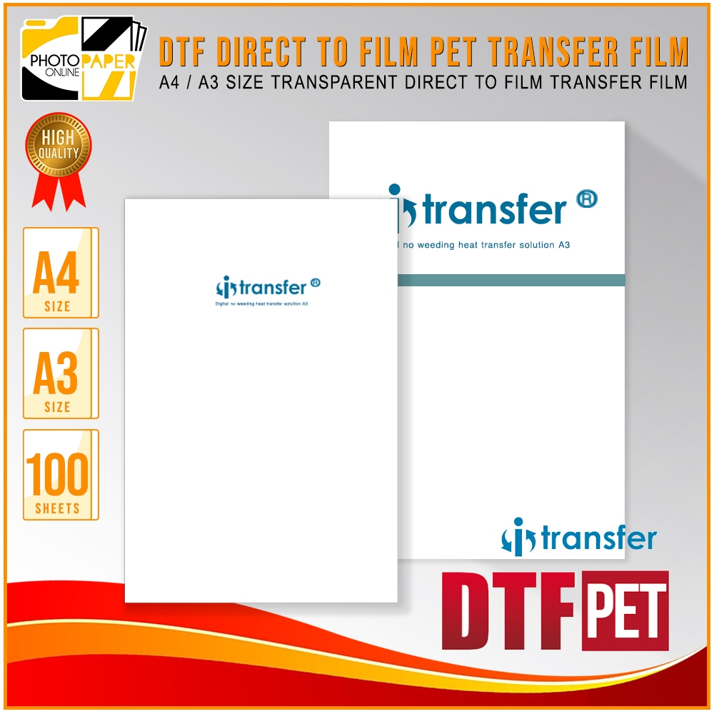 DTF 100 Sheets DTF Direct to Film PET Transfer Paper A4 & A3 Size ...