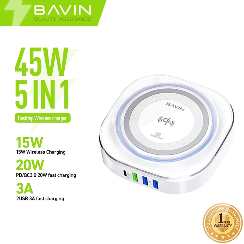 BAVIN PC832 45W 5in1 Multi-Functional Qi Wireless Fast Charging PD 20W & QC3.0 USB w/ Breathing ...