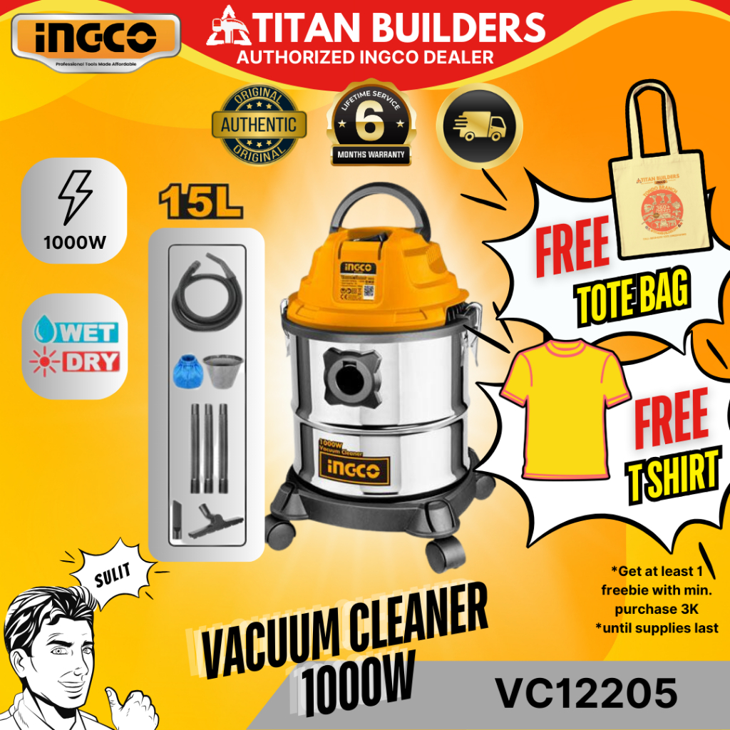 Ingco by Titan Vacuum Cleaner 1000W 15L Wet/Dry 15KPa with Accessories ...