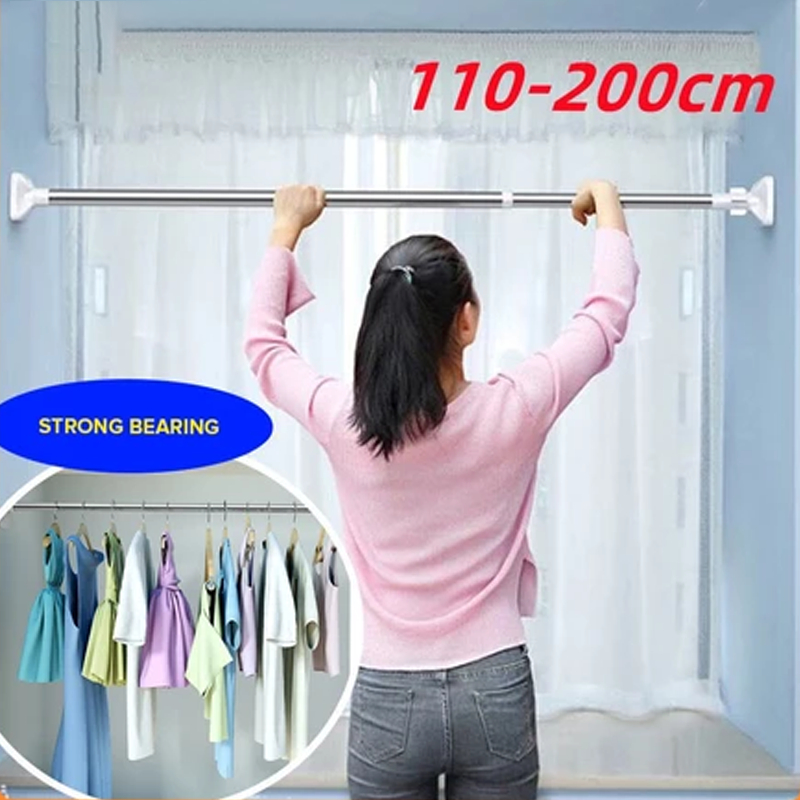 Telescopic Pole Punch-free Adjustable Curtain Rod Clothes Drying ...