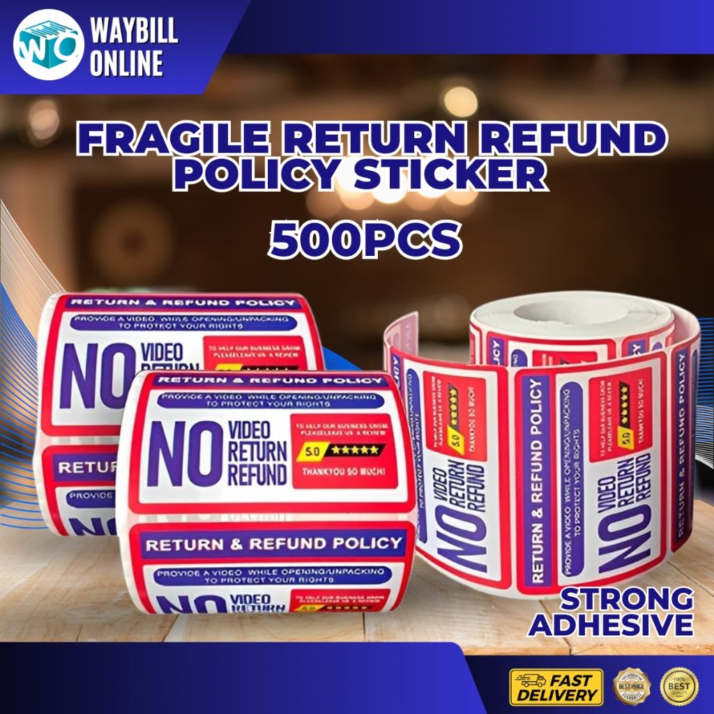 NEW! 500pcs Fragile Return Refund Policy Sticker 5-STAR RATING No Video ...