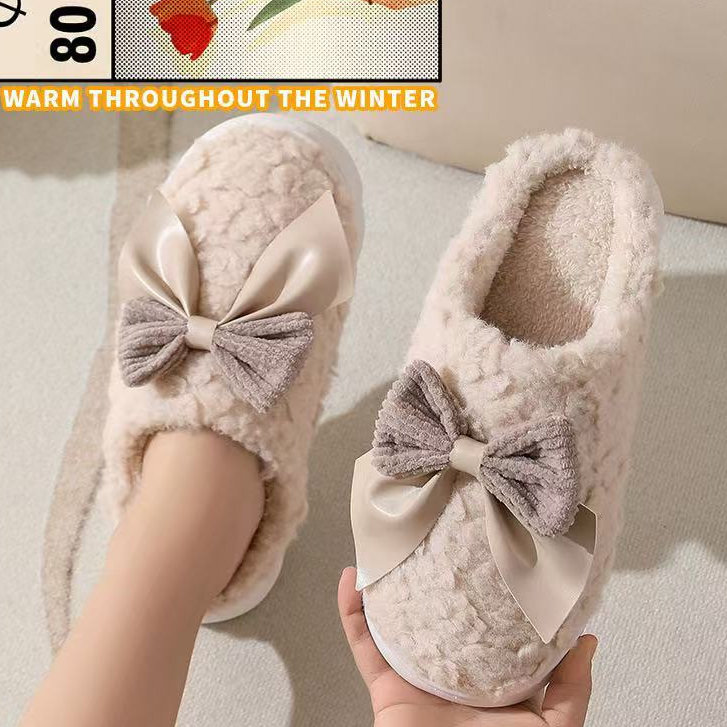 Lamb hair cute bowknot cotton slippers Indoor slippers Home slippers ...