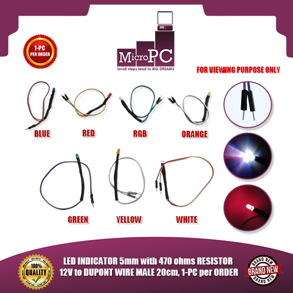 MICRO PC LED INDICATOR 5mm with 470 ohms RESISTOR 12V to DUPONT WIRE ...