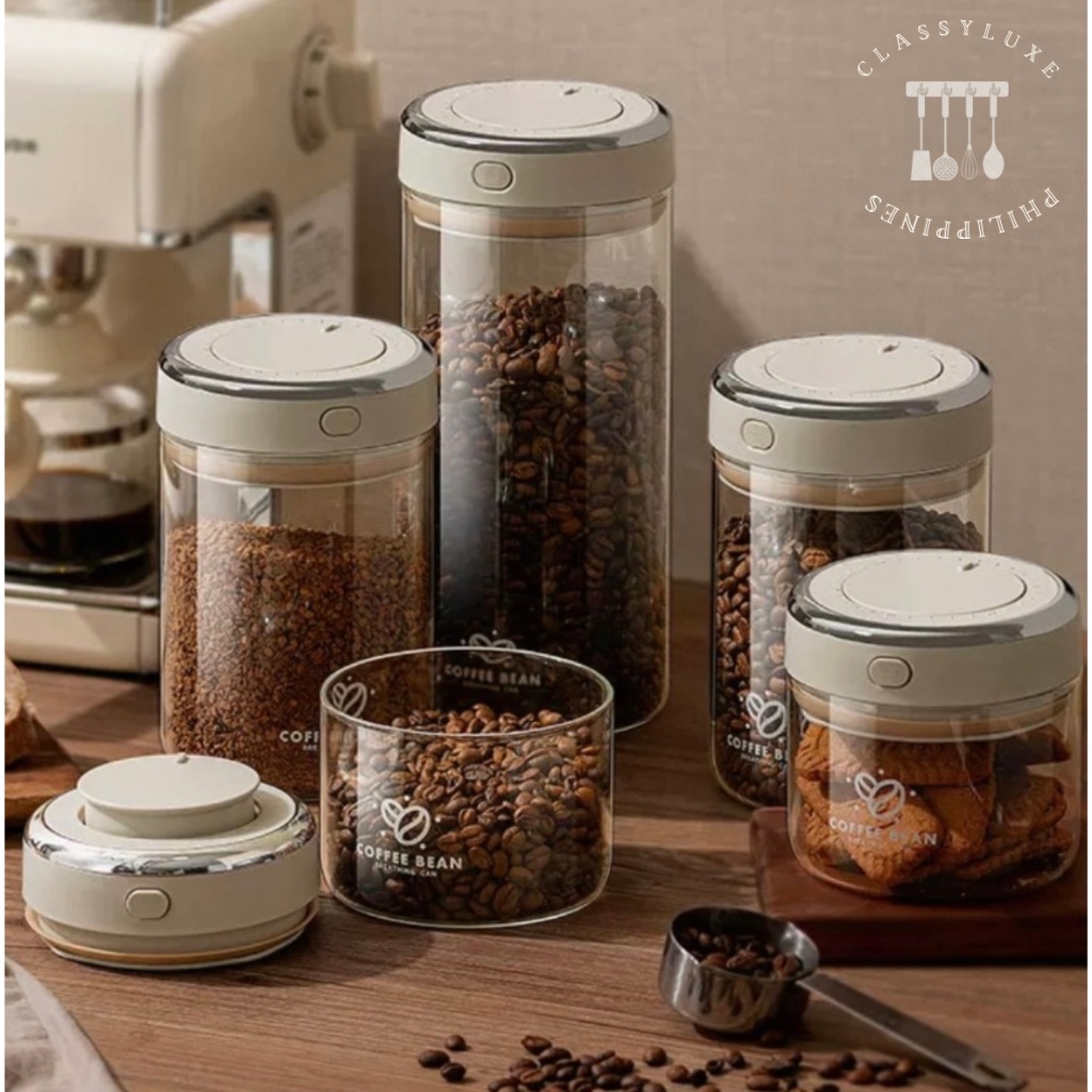 Classy Luxe Coffee Bean Storage Tank Food-Grade Glass Vacuum Sealed Design Round Shape with Lid ...