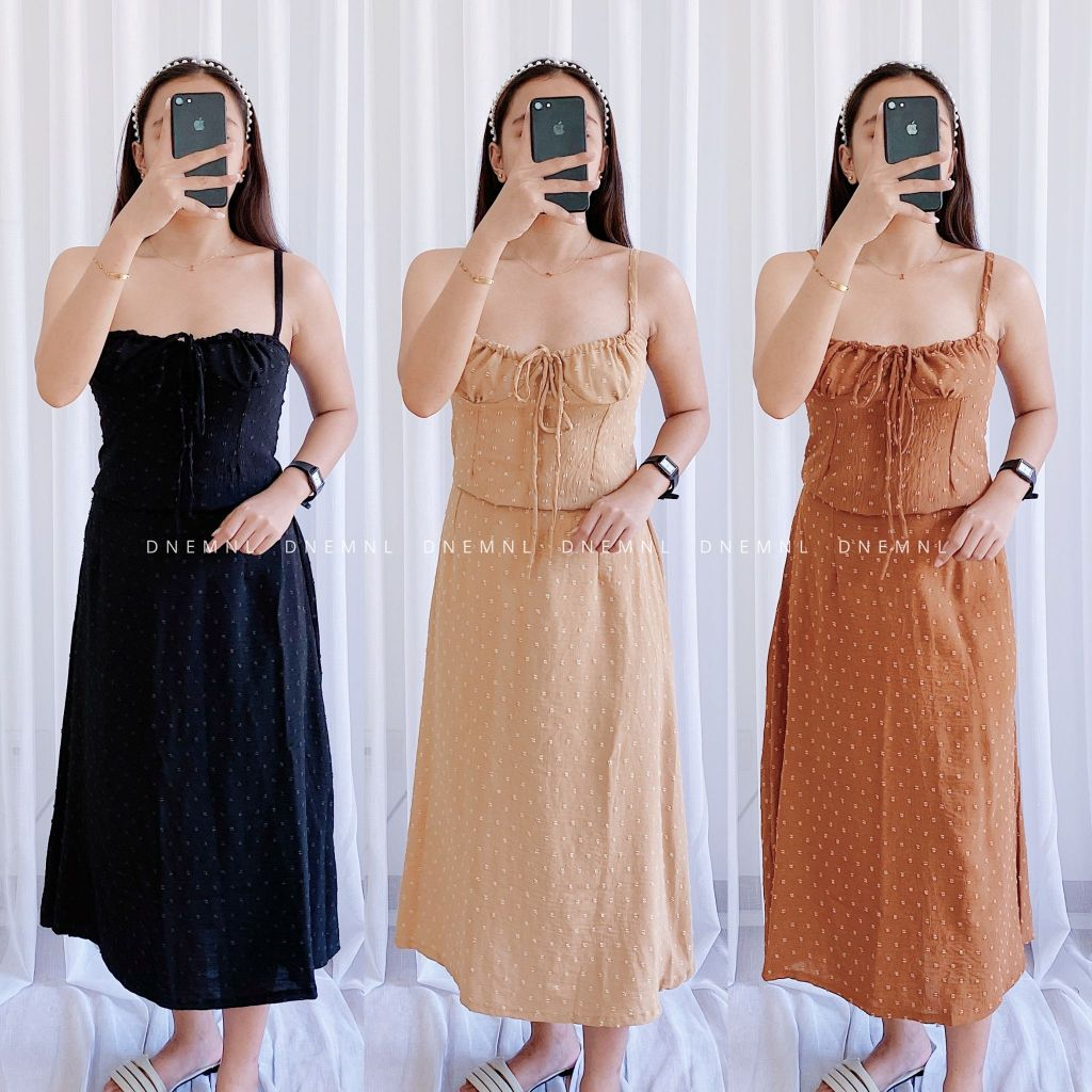 DNEMNLPH Ria String Tie Top & Highwaist Long Skirt Set (Smocked Korean ...