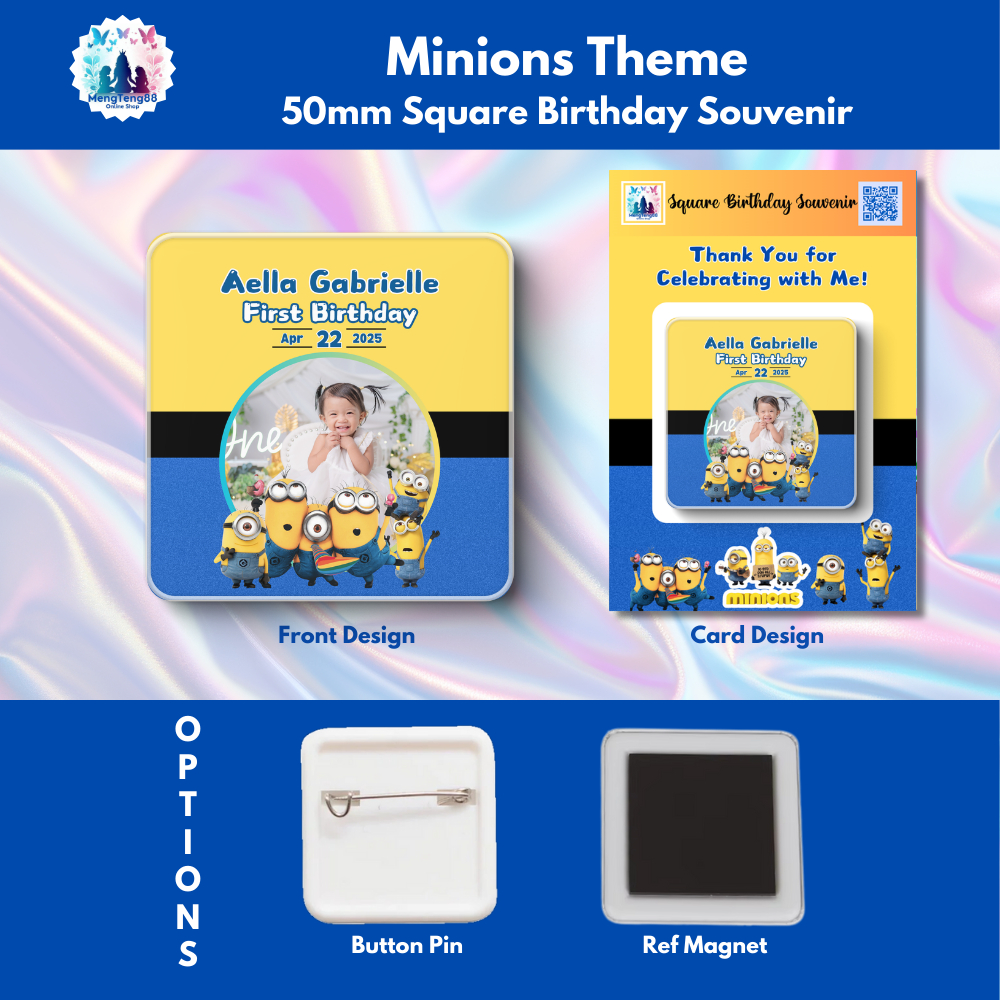 Minions Theme Personalized Birthday Souvenir: Square Badge Pin / Ref ...