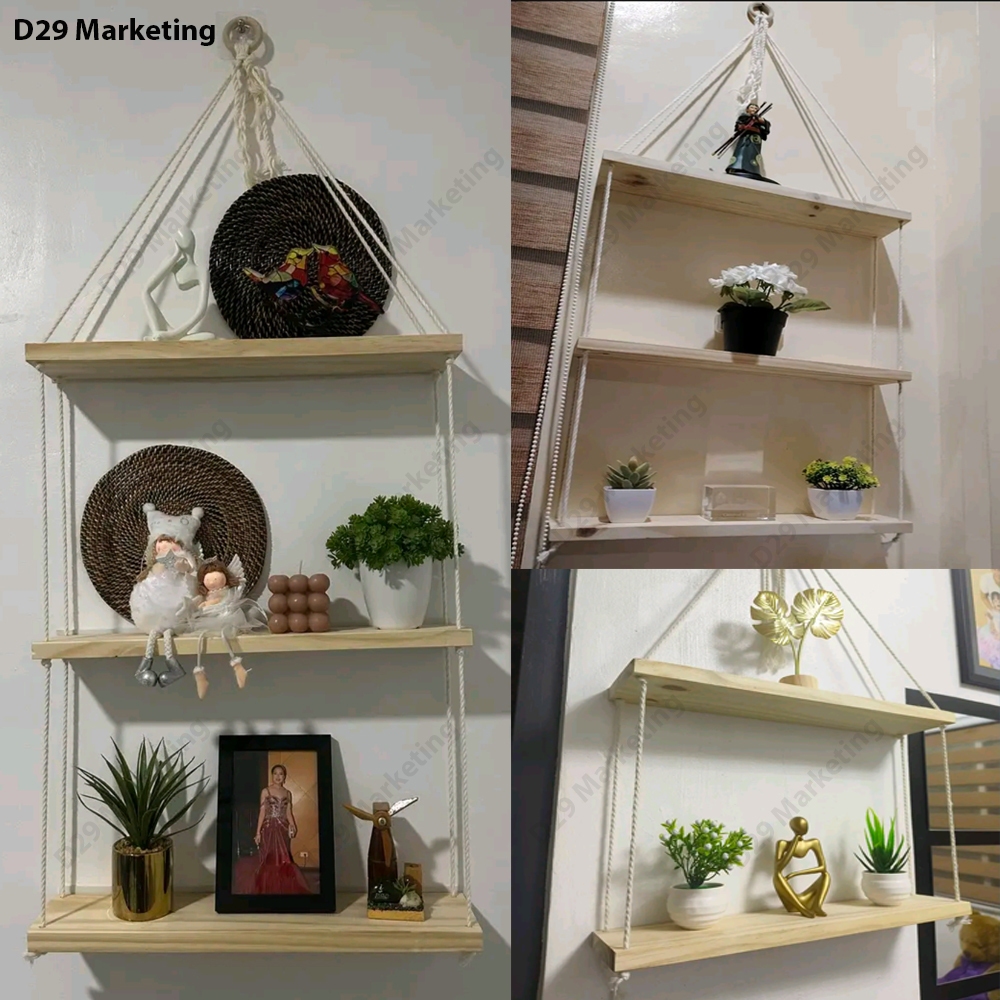 DIY Floating/Hanging Rope Shelves Wooden Wall Shelf Room Storage layers ...