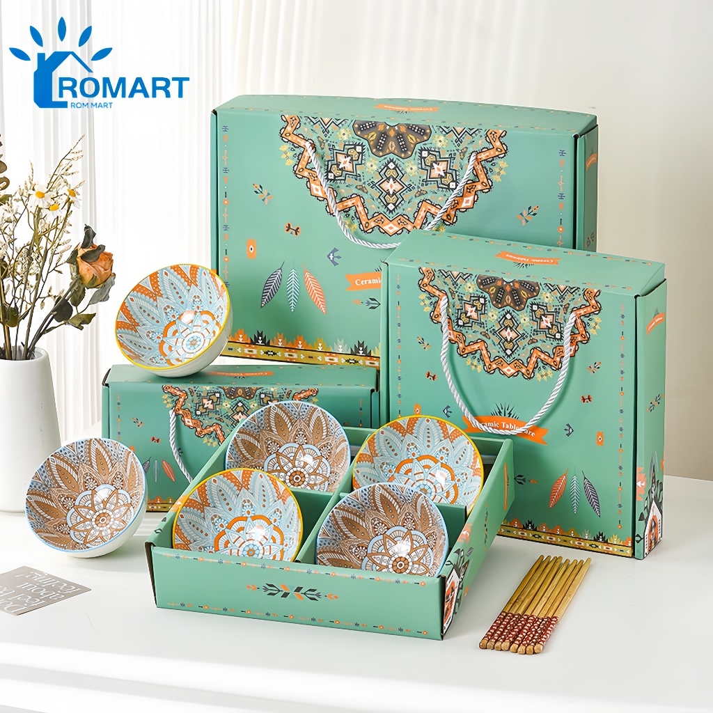 ROMART Bohemian Bowl Set Ceramic Gift Set With Chopsticks Box ...