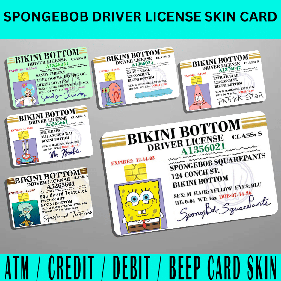 SPONGBOB DRIVER LICENSE Skin Card Sticker - Vinyl Matte Laminated ...