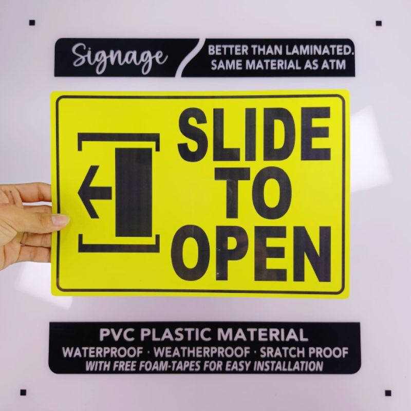 SIGNAGE - SLIDE TO OPEN - YELLOW - PVC PLASTIC MATERIAL SIGNAGE ...