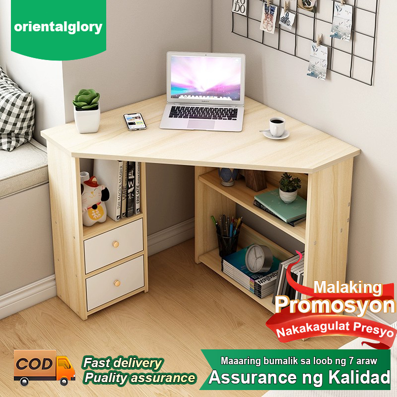 Corner solid wood desk with triangular wall for storage, desktop ...
