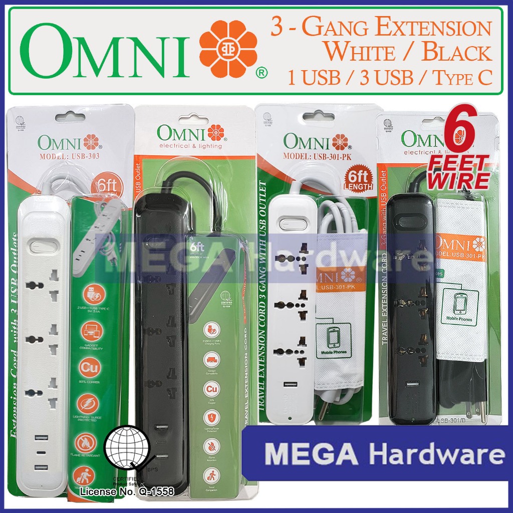 Omni Travel Extension Cord 3 Gang with 1 USB Port/ 3 USB Port / Type-C ...