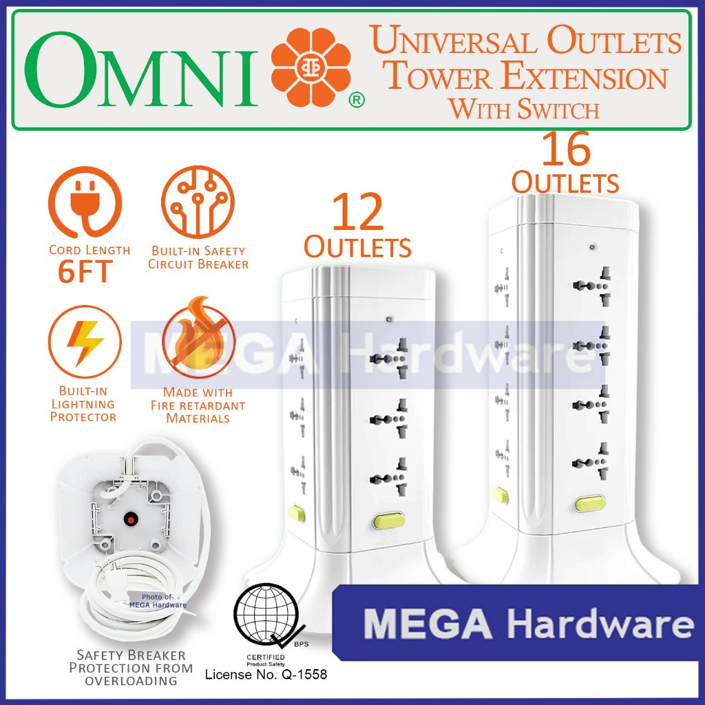 OMNI Universal Outlets Tower Extension Cord 12-Gang 16-Gang with Power ...