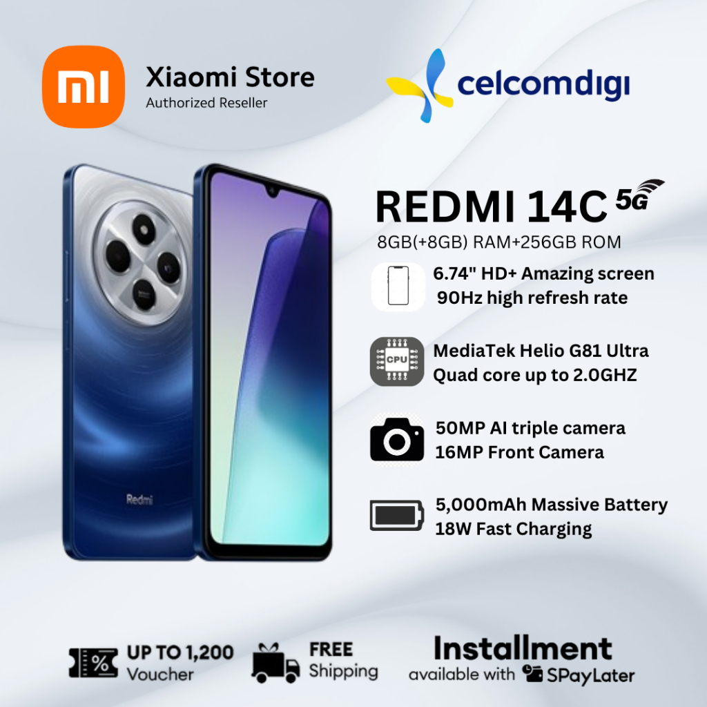 Redmi 14C 5G Smartphone 8+8GB RAM + 256GB ROM Global Version 5Years ...