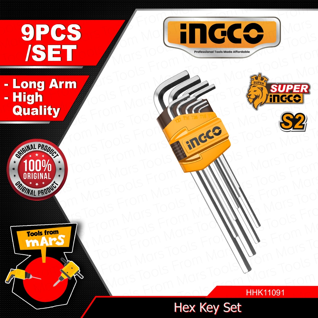 INGCO 9PCS/SET Hex Key Long Arm Cr-V Steel Hex-L Allen Wrench Tools ...