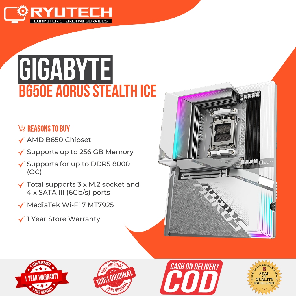 GIGABYTE B650E AORUS STEALTH ICE -AMD B650 Chipset, Supports up to 256 ...