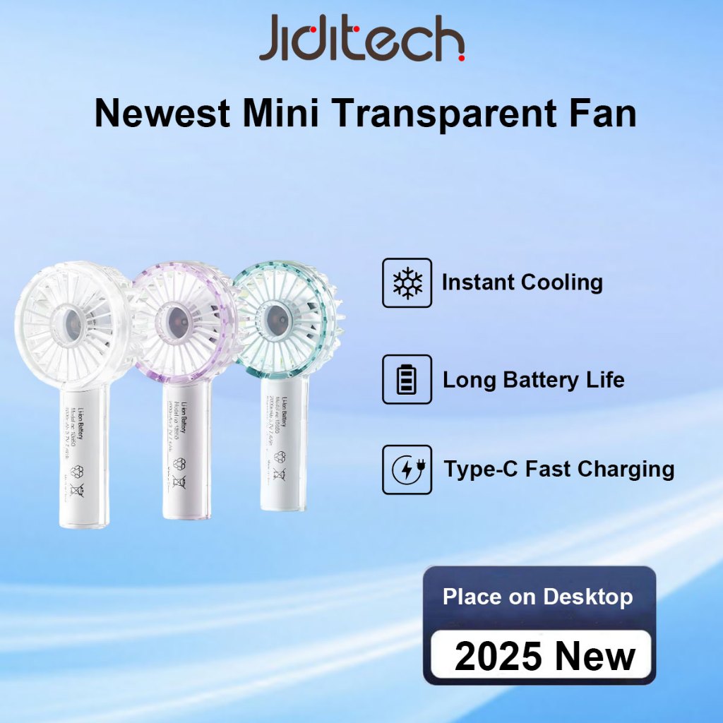 Jiditech 2025 Mini Transparent Fan Rechargable Handheld Fan Strong Wind ...