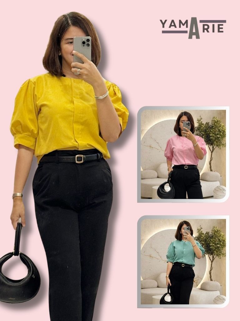 Yamari.PH Basic Casual linen round neck puffsleeves buttondown Polo top | VANESSA | Shopee ...