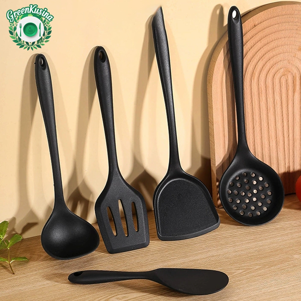 Black Silicone Kitchen Utensils Set Food Grade Non-Stick Spoon Ladle ...