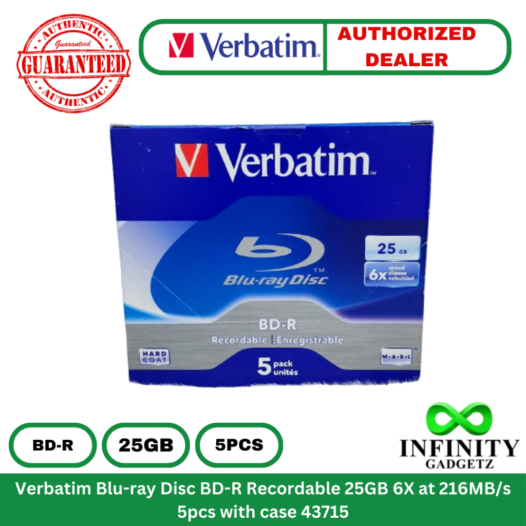 Verbatim Blu-ray Disc BD-R Recordable 25GB 6X at 216MB/s 5pcs with case ...