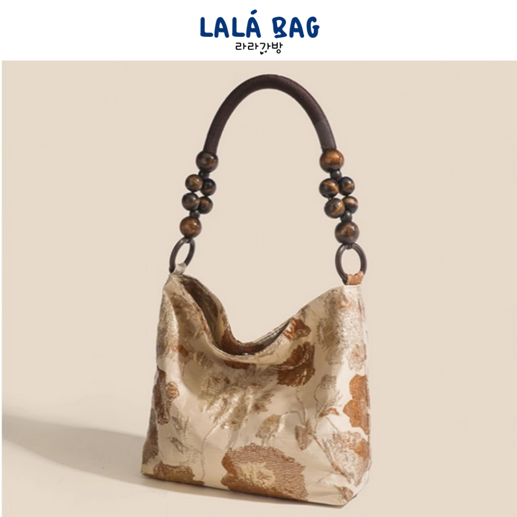 LALÁ BAG Chinese Vintage Style Floral Jacquard Beaded Wood Handle Hobo ...