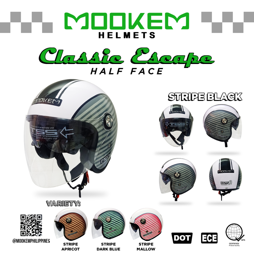 Mookem Helmets P001-Classic Stripe-Classic Half Face Dual Visor Helmet ...