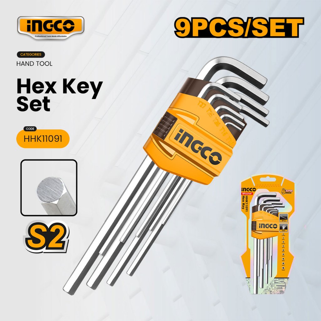 Ingco 9pcs Hex Key Set Long Arm Allen Wrench L-Type Chrome Plated ...