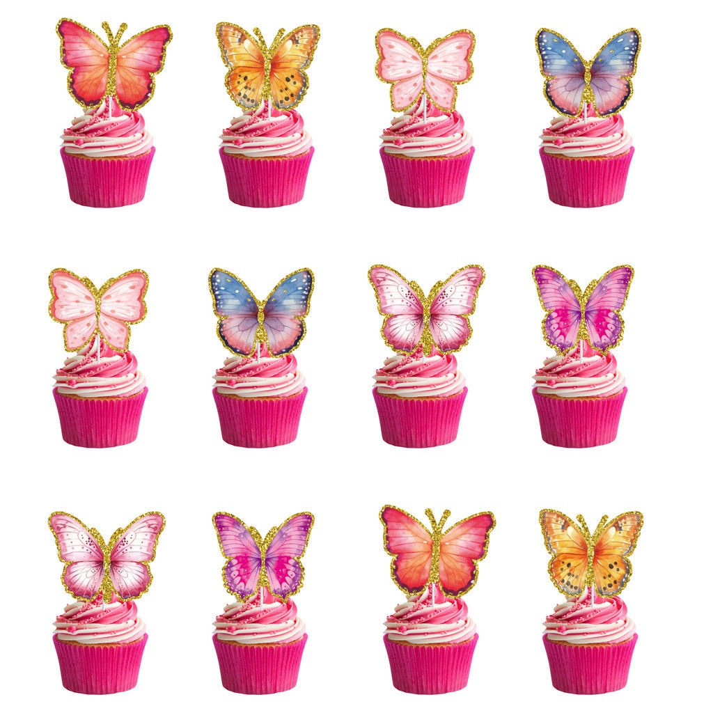 12 Cute Butterfly Cupcake Flags Party Cake Toppers for Wedding Birthday ...
