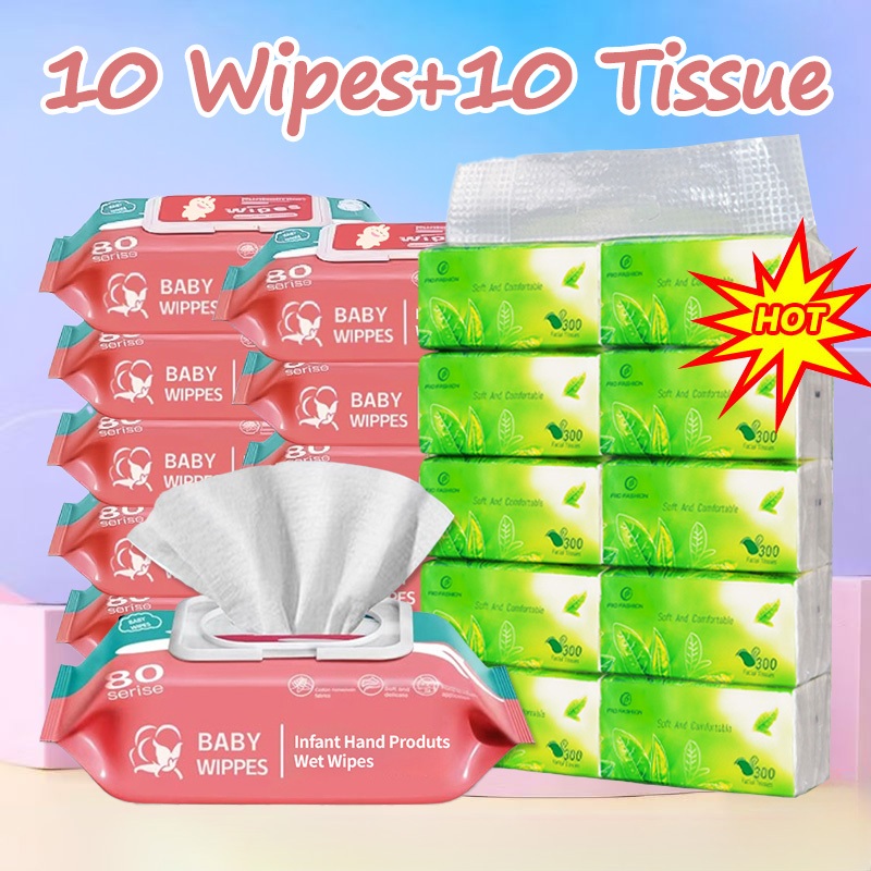 20PCS baby wipes and tissue Combo Unscented baby wipes 10 packs 80 ...